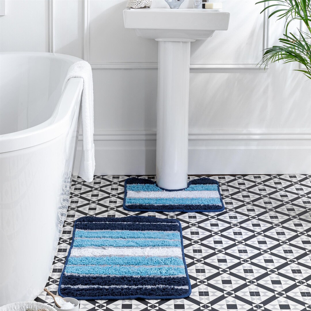 Cotton Bath Mat 50 X 80cm & Pedestal Mat 50 X 50cm Set STRIPE BLUE ...
