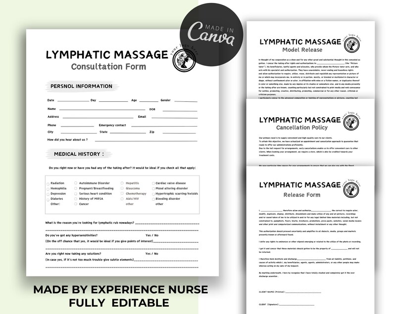 Editable Lymphatic Massage Intake Form, Lymphatic Drainage Form, Canva ...