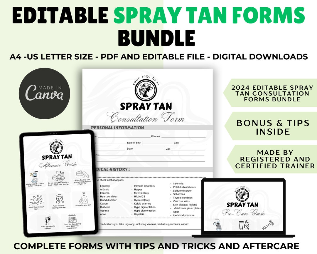 Editable Spray Tan Forms, Spray Tanning Business, Client Intake and ...