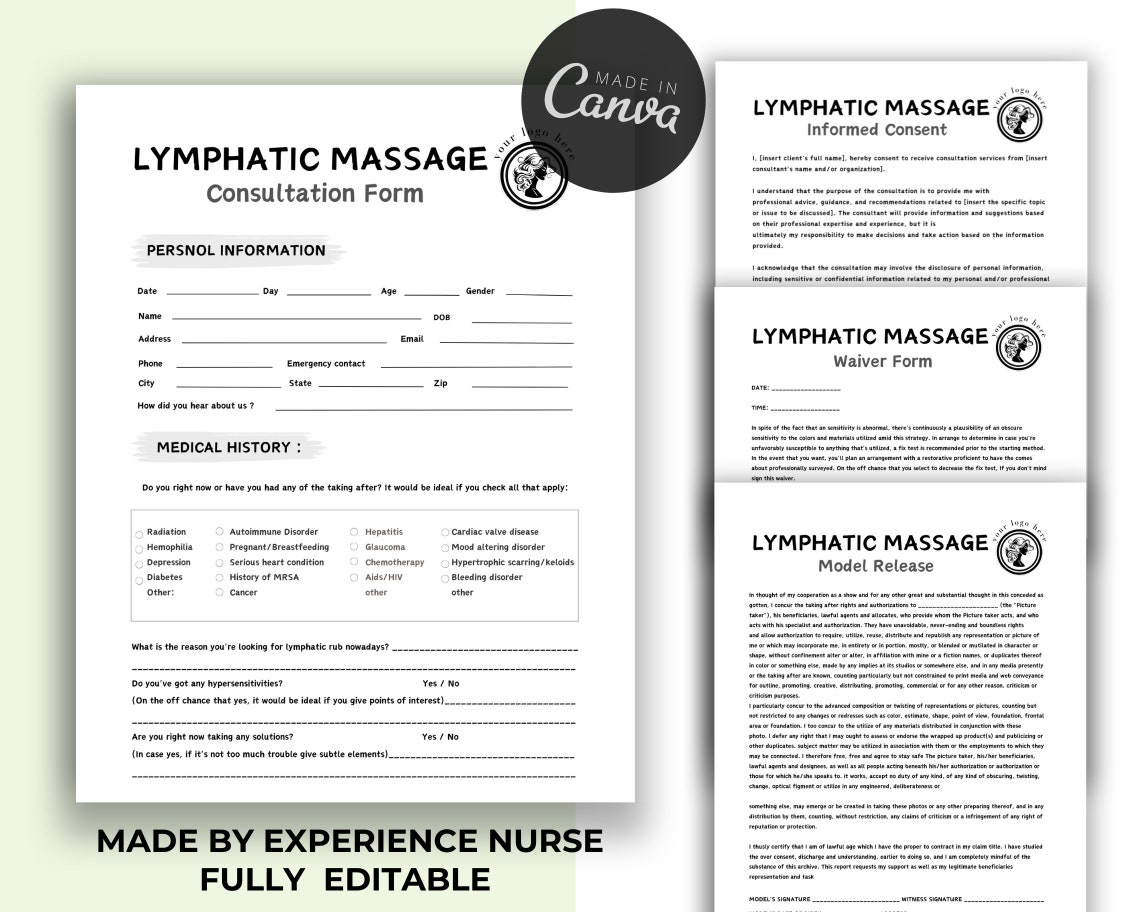 Lymphatic Massage Intake Form: Editable Canva Template (digital ...