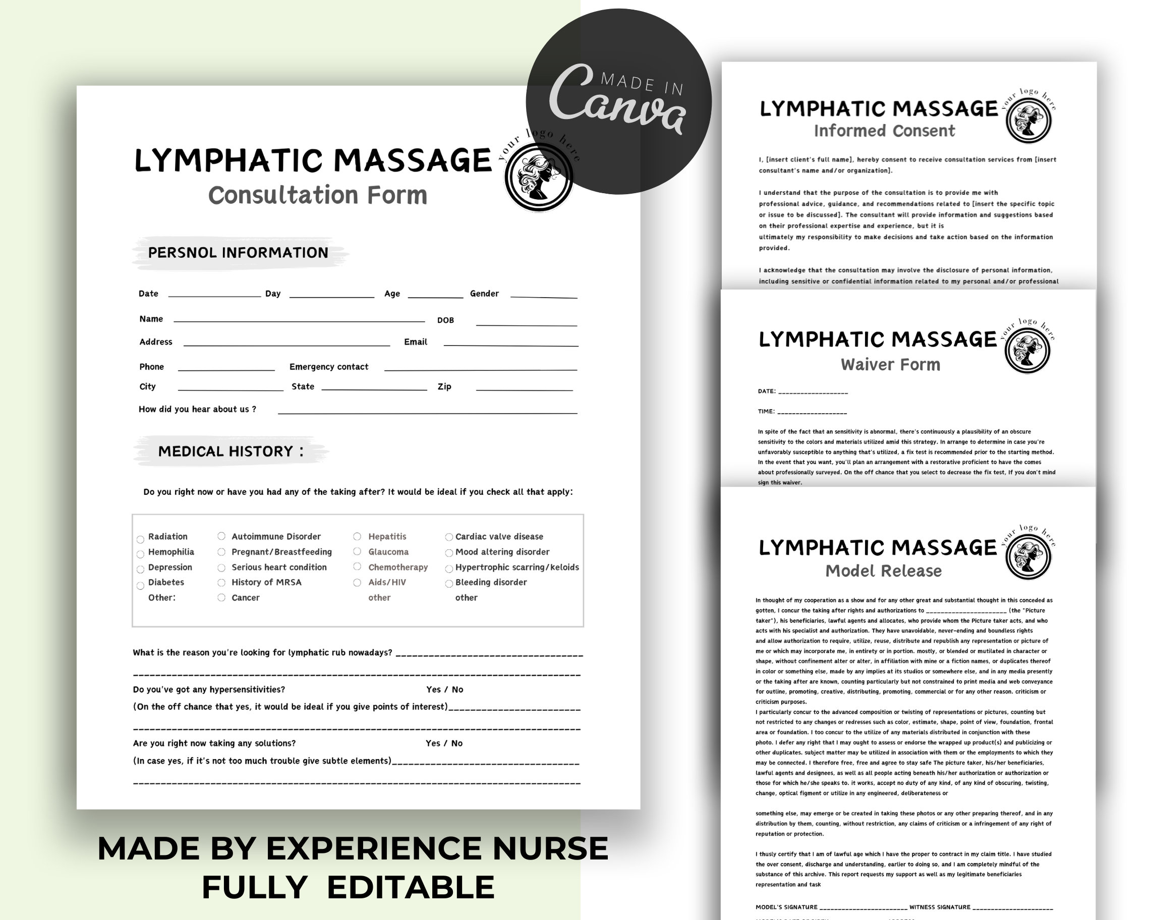Editable Lymphatic Massage Intake Form, Lymphatic Drainage Form, Canva ...