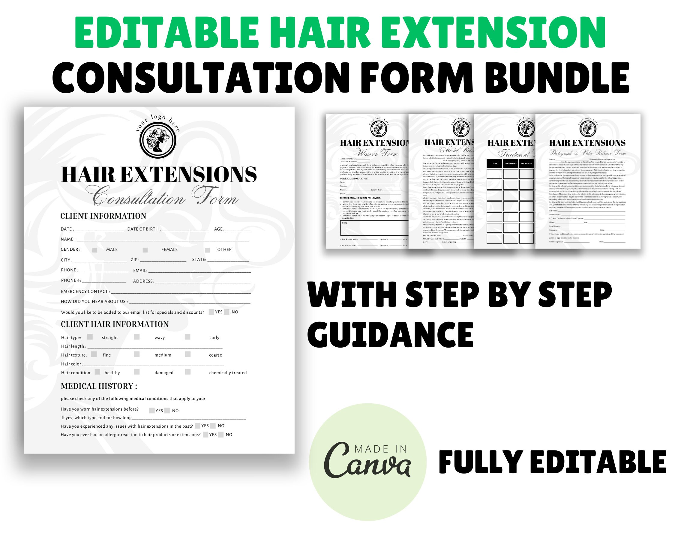 Editable Hair Extensions Forms: Contract, Consultation, Aftercare ...