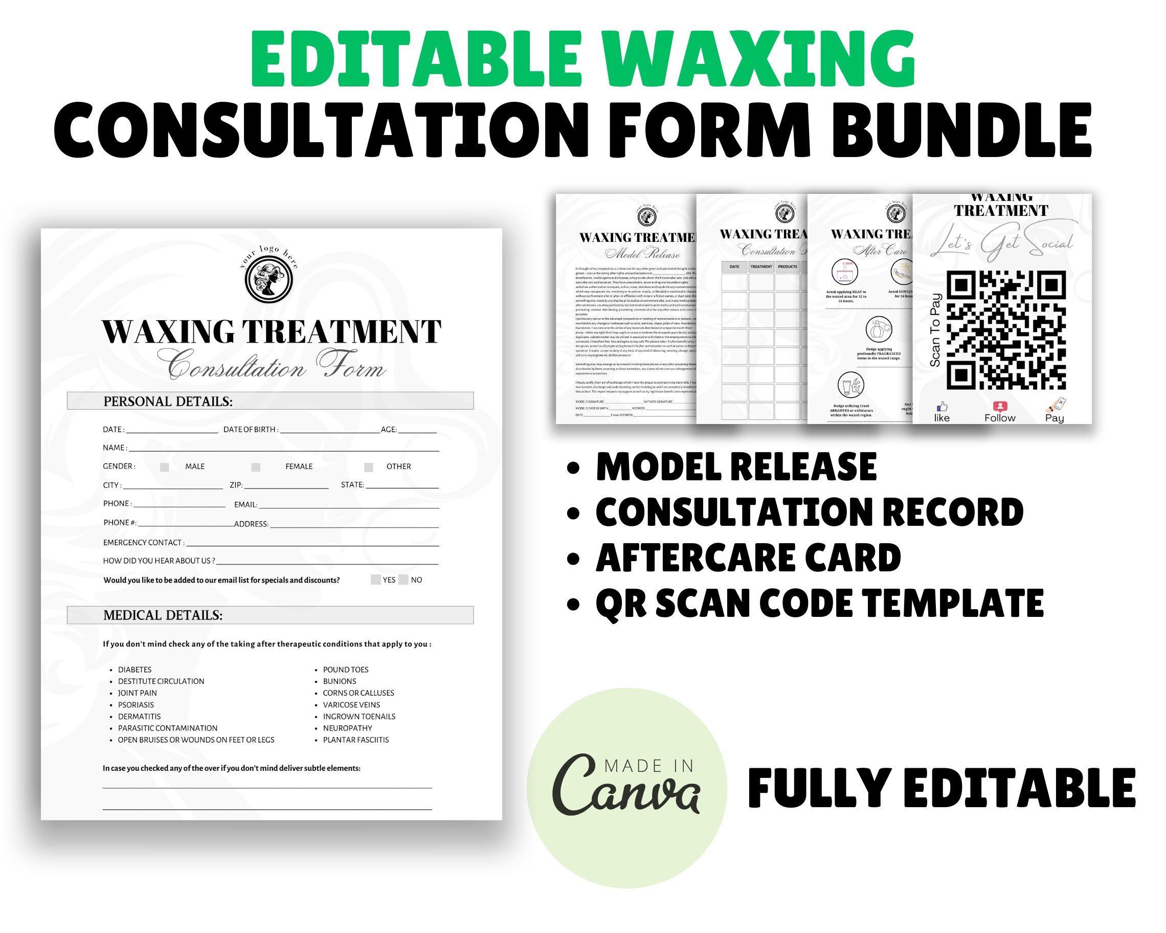 Waxing Consent Forms, Waxing Treatment Templates Bundle, Editable ...