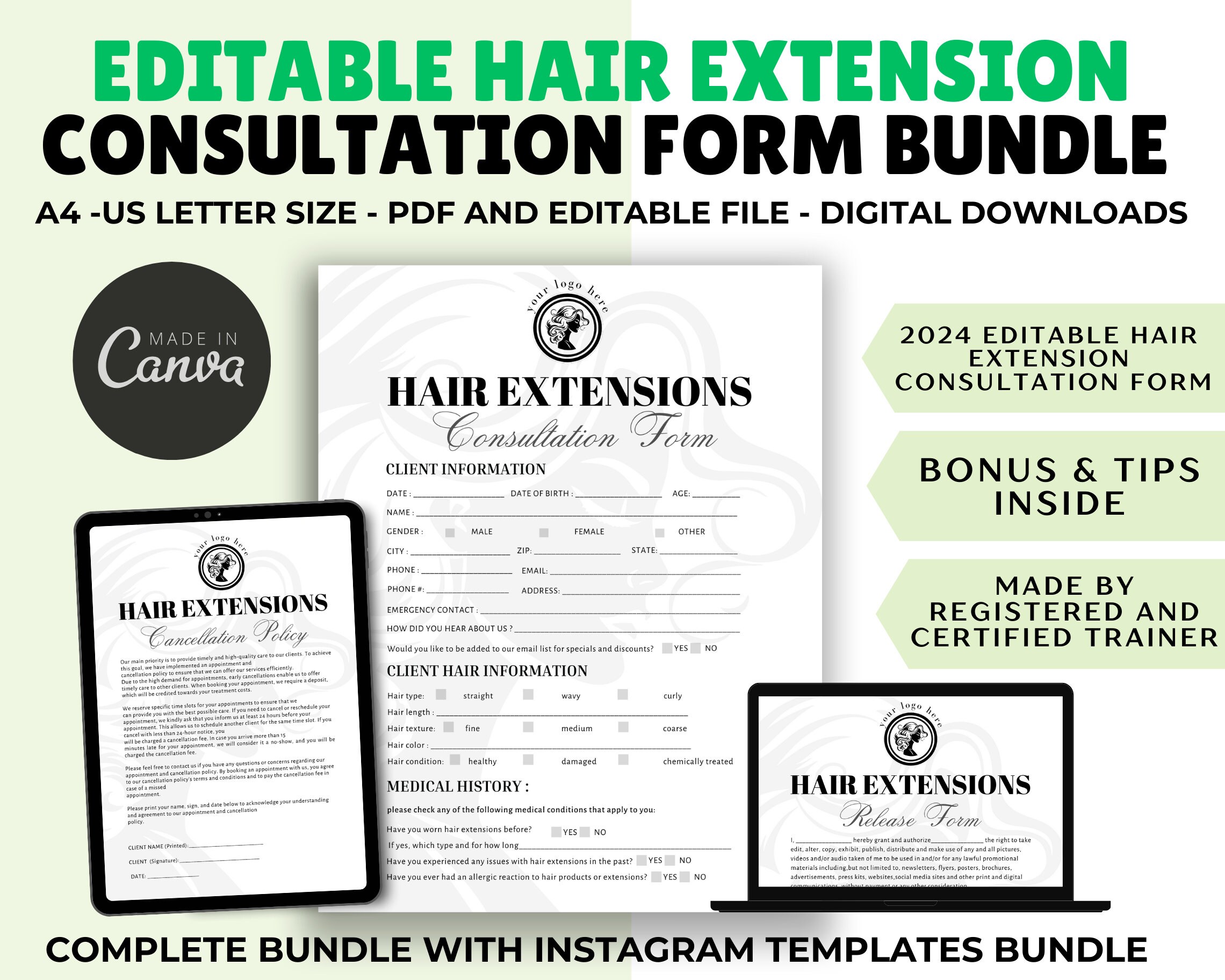 Editable Hair Extensions Forms: Contract, Consultation, Aftercare ...