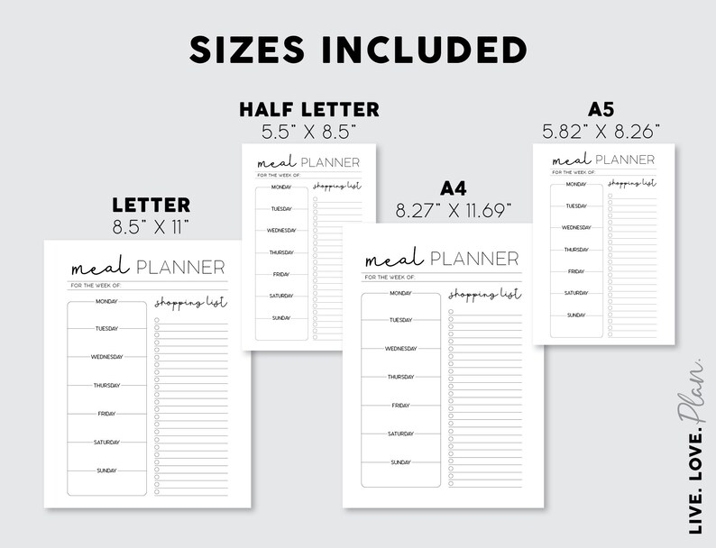 Weekly Meal Planner Printable Menu Planner Grocery List Printable Meal Prep A4 A5 Letter Half 