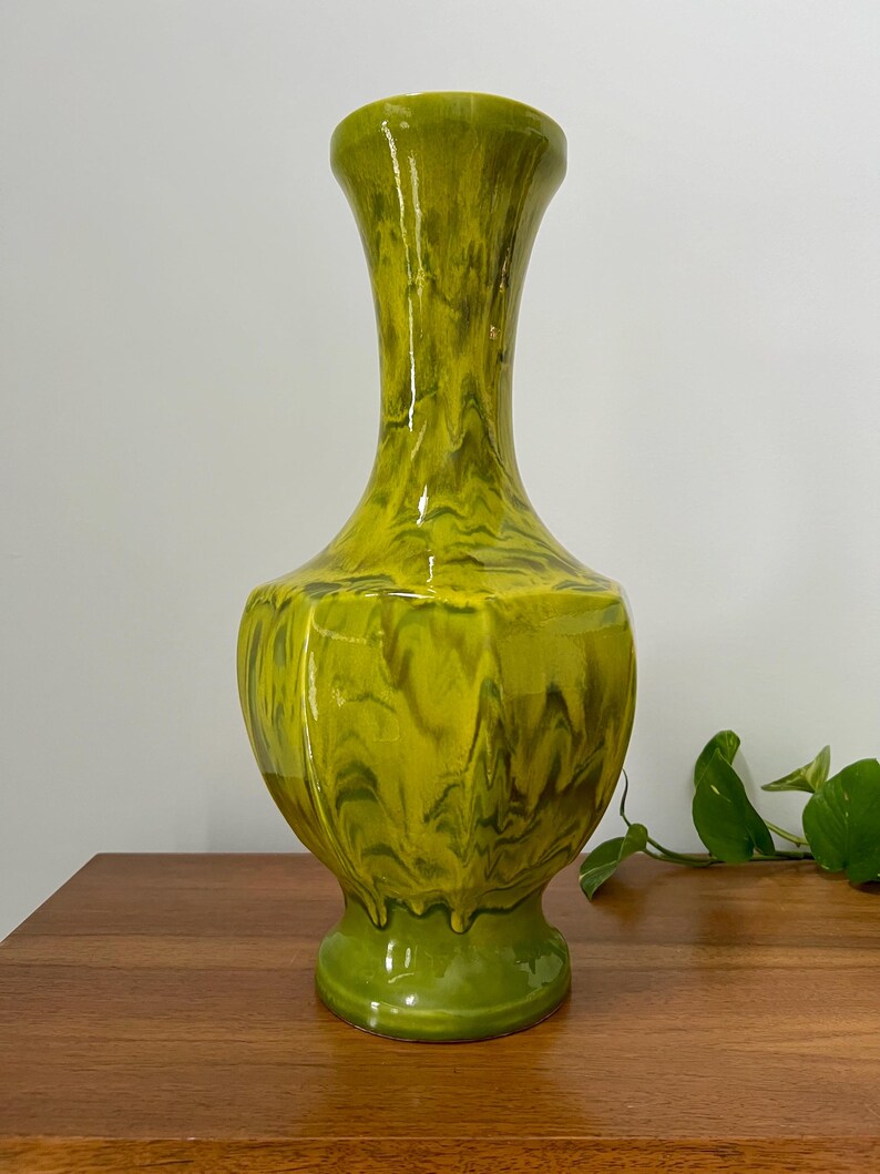 Vintage XL Green Drip Glaze Vase - Etsy