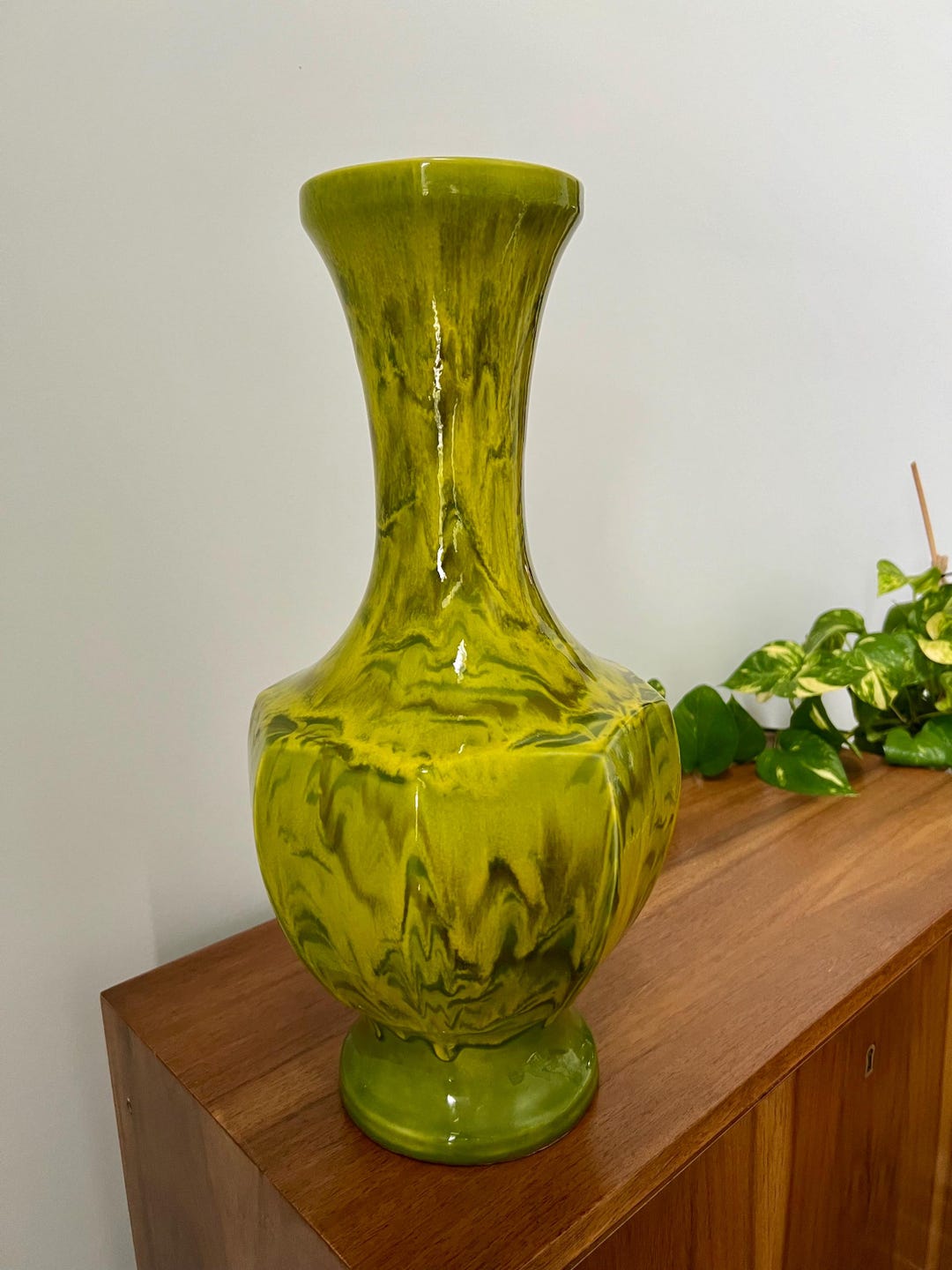 Vintage XL Green Drip Glaze Vase - Etsy