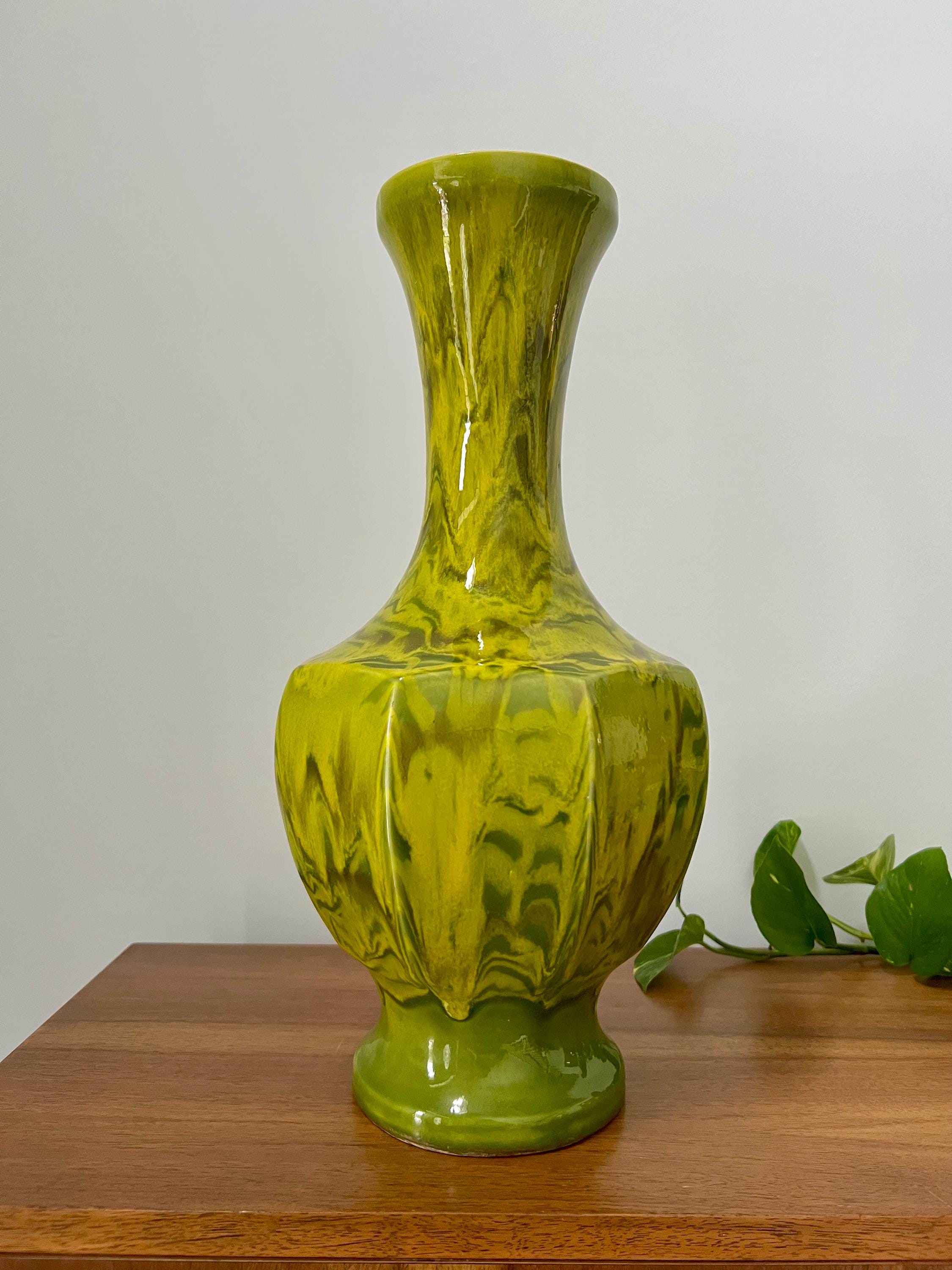 Vintage XL Green Drip Glaze Vase - Etsy