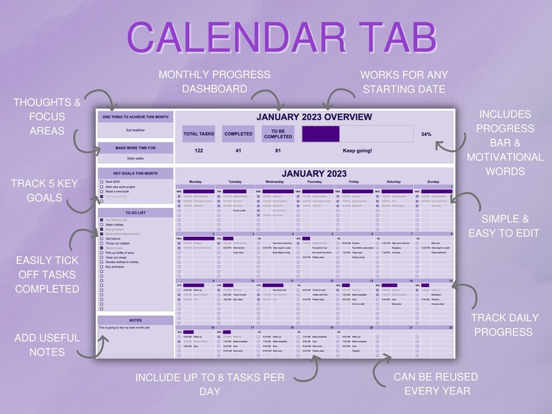 Monthly Calendar Template Google Sheets Undated Annual - Etsy