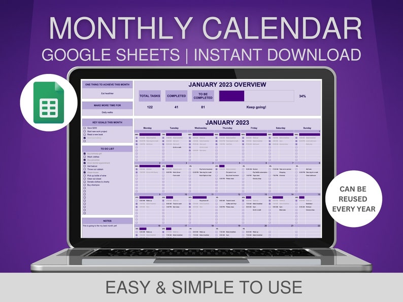 Monthly Calendar Template Google Sheets, Undated Annual Activity ...