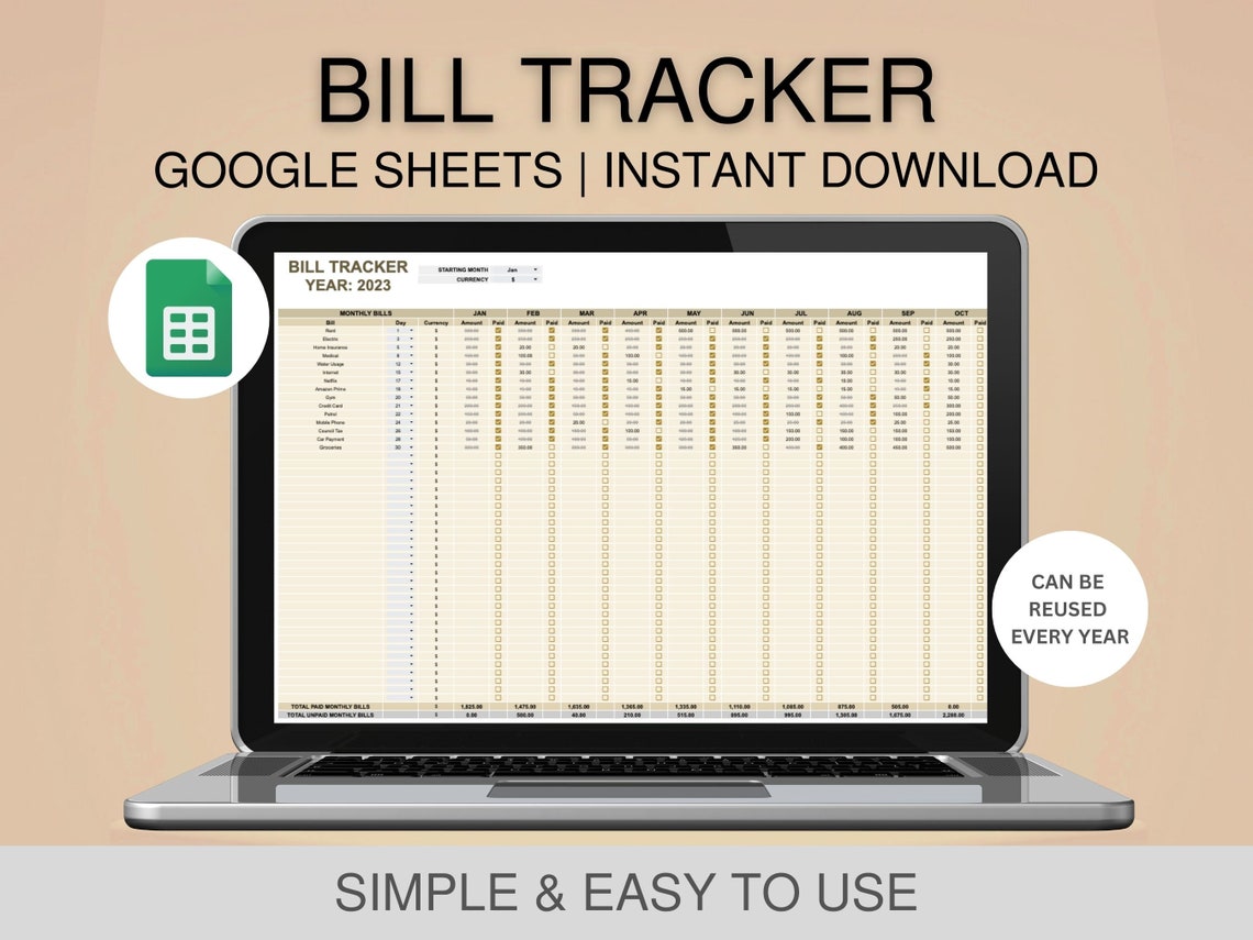 Monthly Bill Tracker Template Google Sheets Expense Organizer - Etsy