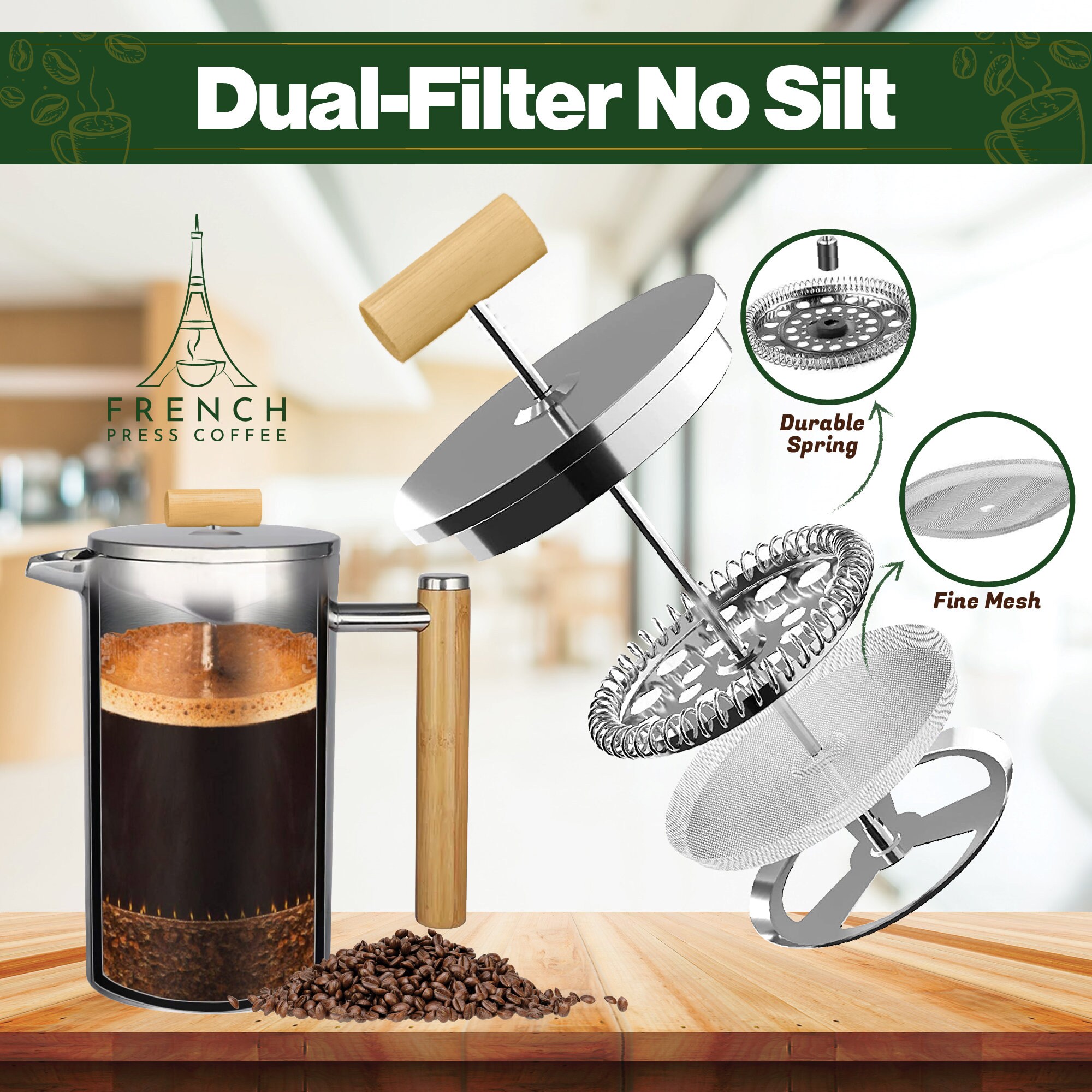 Eco-friendly French Press Coffee Maker - 1 Liter, Handcrafted ...
