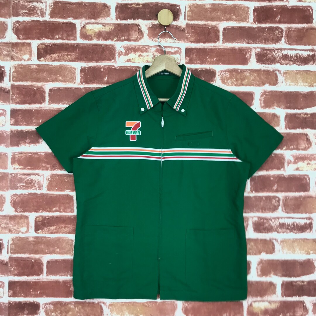 Vintage 7 Eleven Shirt Short Sleeve Zipper Collar Green Shirt Size ...
