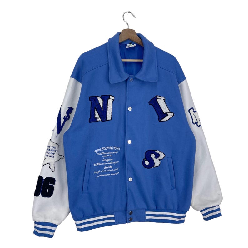 Amazing INS Skeletons Blue Hip Hop Wool Varsity Jacket Spell Out Patch ...
