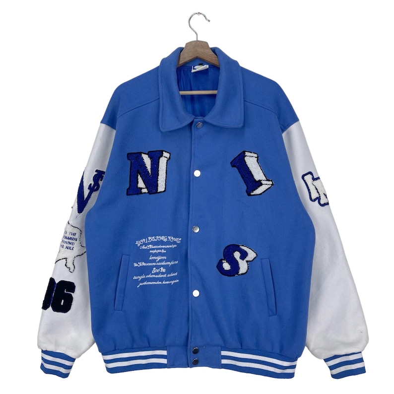 Amazing INS Skeletons Blue Hip Hop Wool Varsity Jacket Spell Out Patch ...