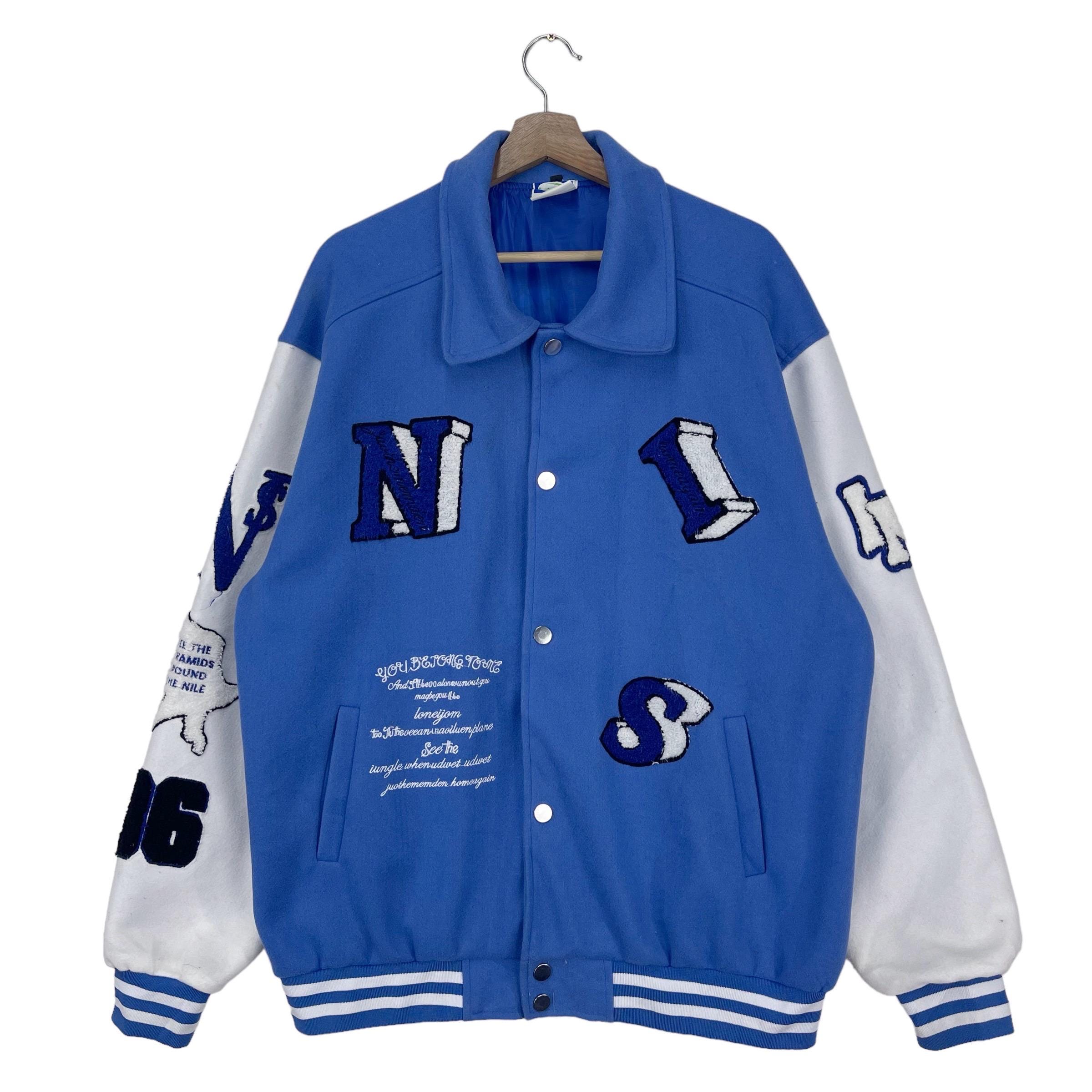 Amazing INS Skeletons Blue Hip Hop Wool Varsity Jacket Spell Out Patch ...