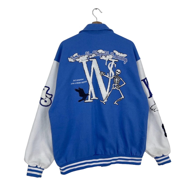 Amazing INS Skeletons Blue Hip Hop Wool Varsity Jacket Spell Out Patch ...