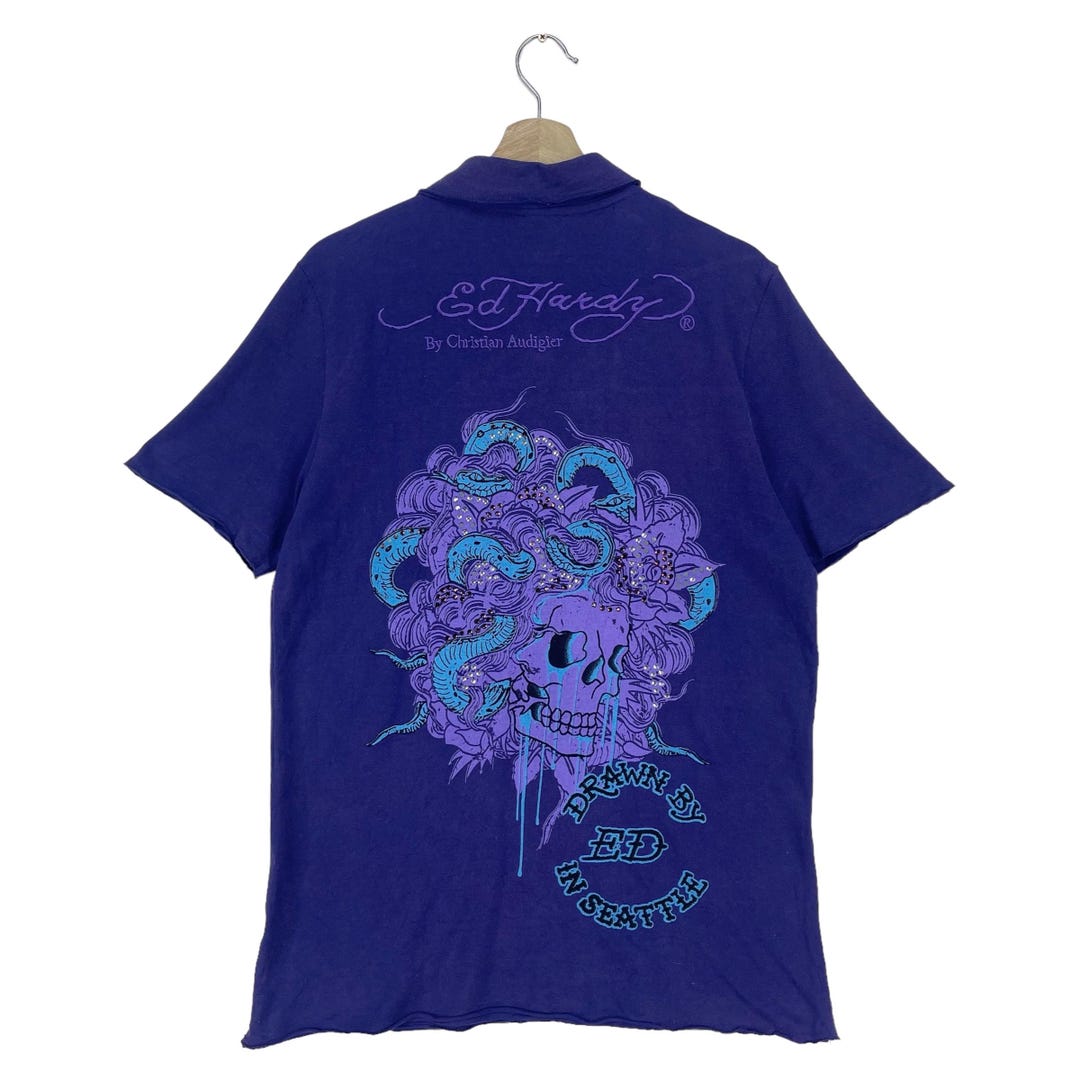 Vintage Ed Hardy Polo Shirt Half Button Skeleton Art Bling Blue Shirt ...
