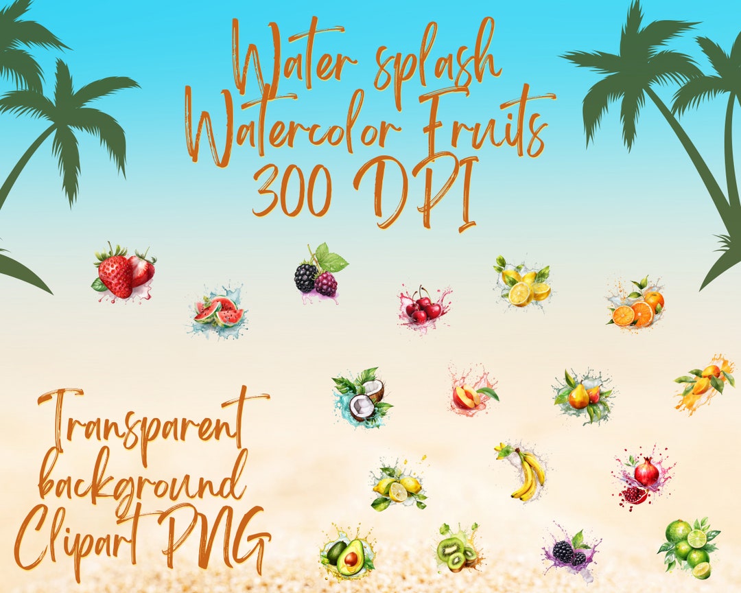 88 Water Splash Art Fruits, Watercolor Clipart, 300 DPI, Digital ...