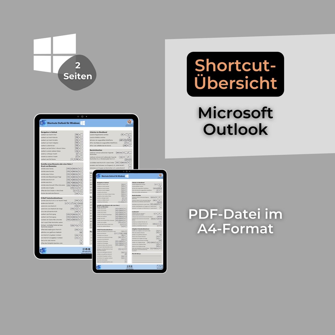 Microsoft Outlook Shortcut Overview for Windows PDF File A4 Print or ...