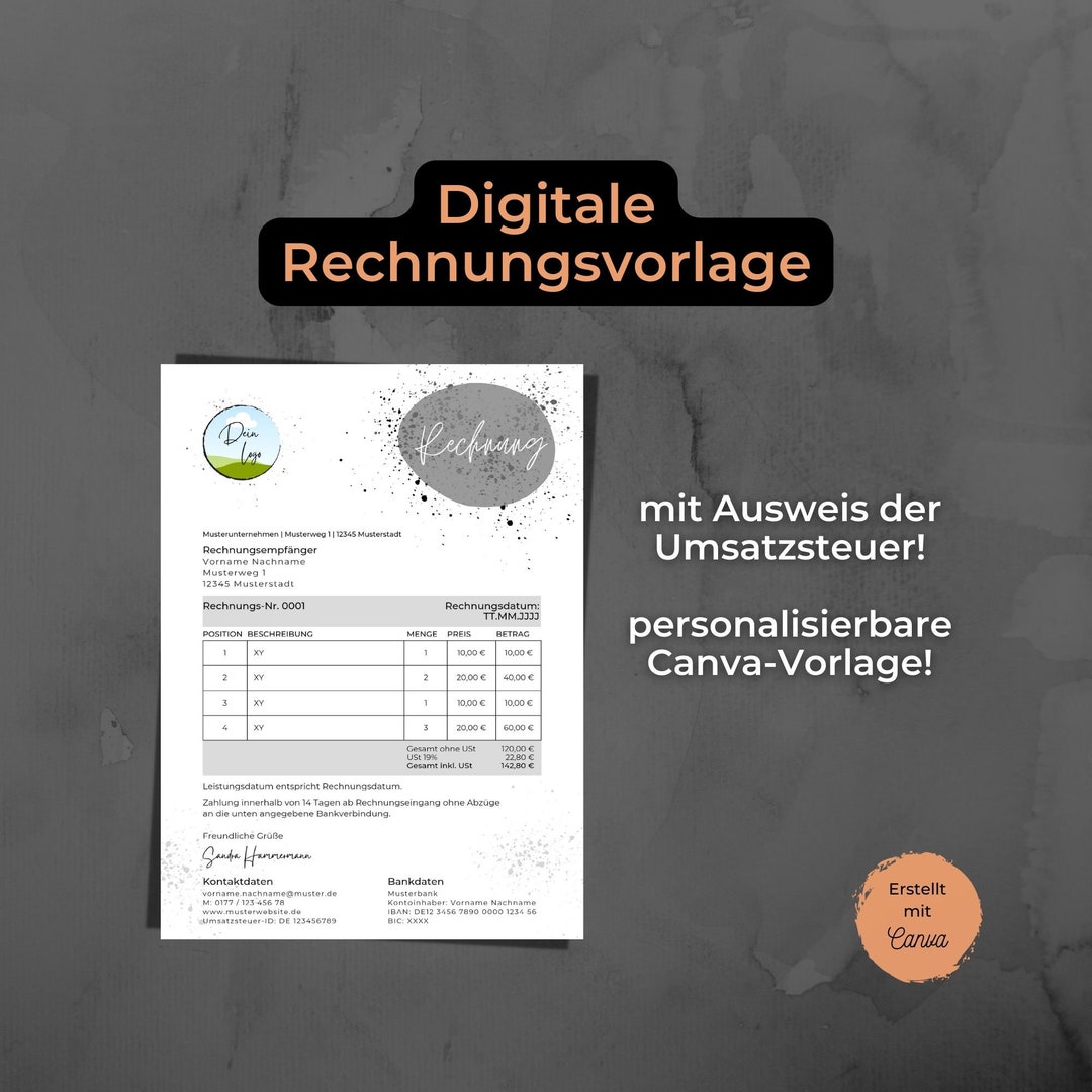 Invoice Template German Customizable Canva Template Black White Simple ...