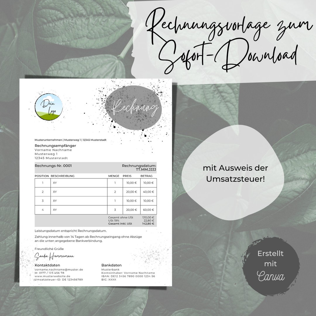 Invoice Template German Customizable Canva Template Black White Simple ...