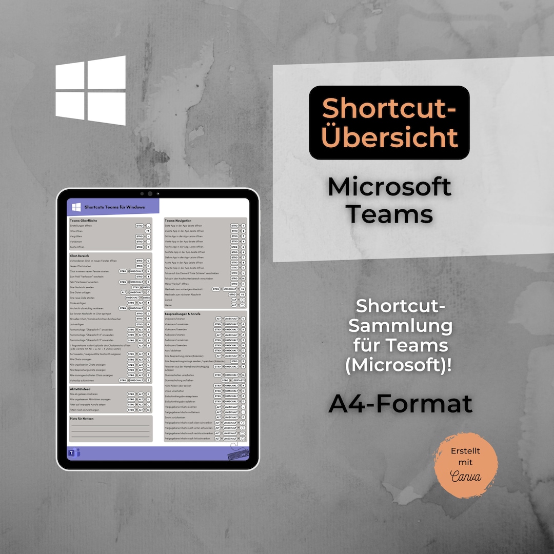 Microsoft Teams Shortcuts Customizable Canva Template A4 Print or Use ...
