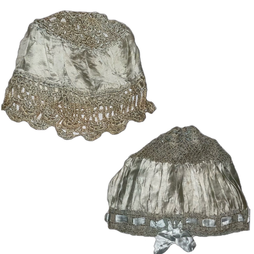 Antique Bonnet Green Satin Silk Crochet Ribbon 1900s Handmade - Etsy