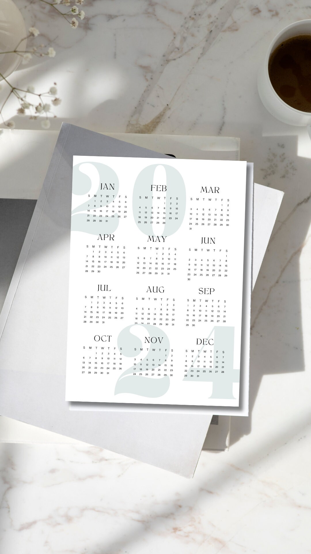 Printable Calendar 2024 Yearly A3, A4, US Letter Minimalist Aesthetic ...