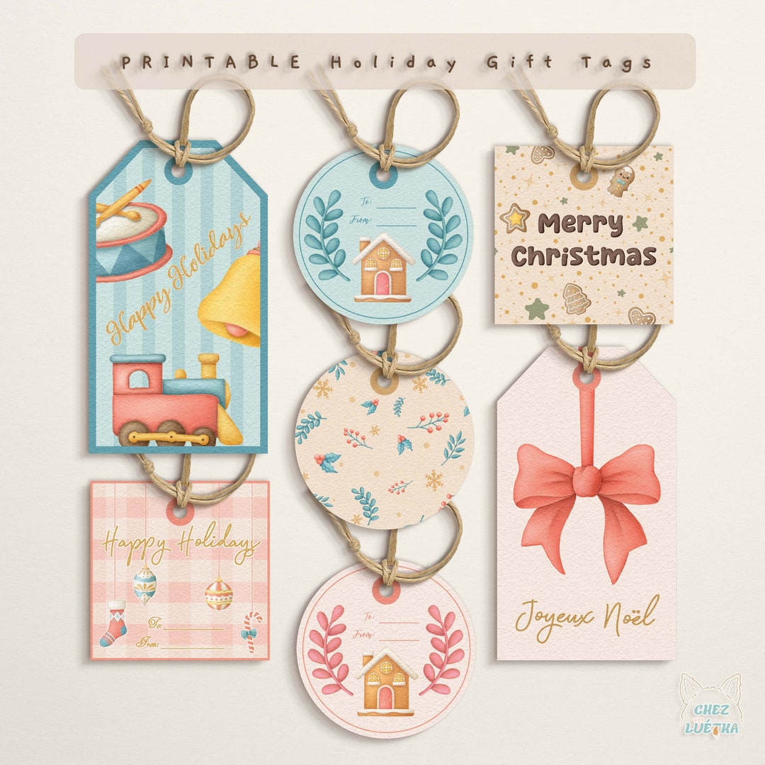 Printable Holiday Circle Gift Tags, Cute Christmas Elements Square Gift ...