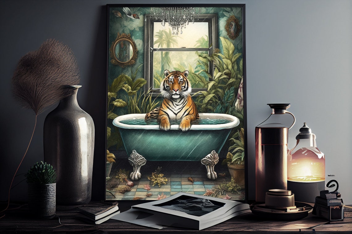 Tiger in Bath Bathroom Art Print Maximalist Animal in Bathtub - Etsy ...