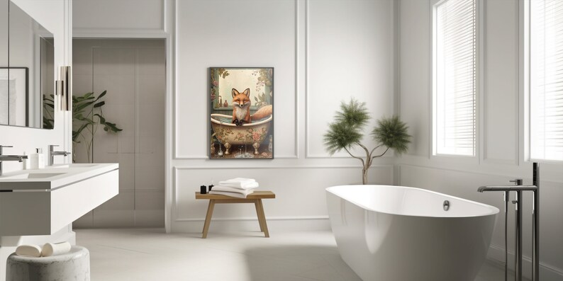 Fox in Bath Bathroom Art Print, Maximalist Animal in Bathtub Jungle ...