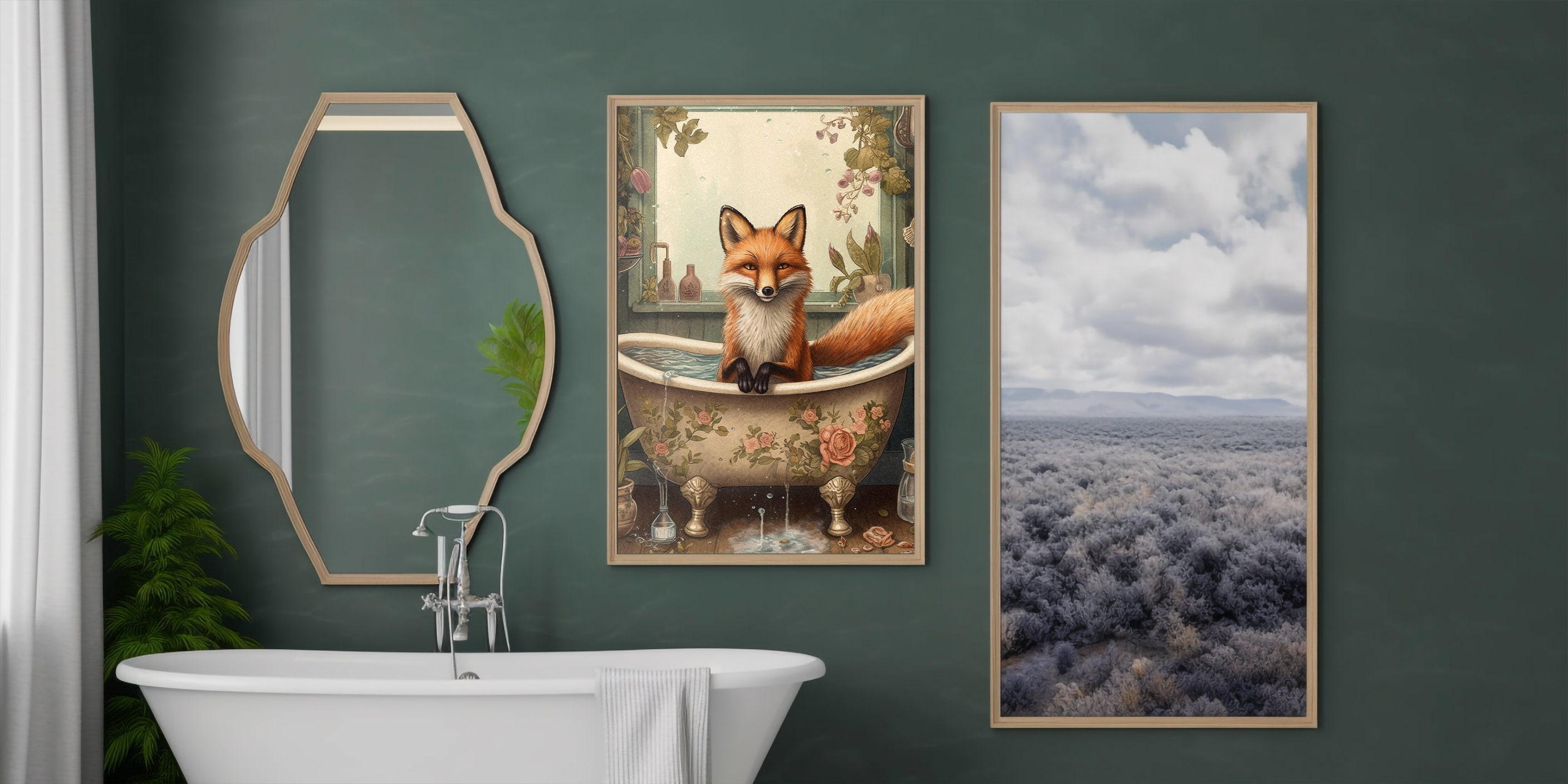 Fox in Bath Bathroom Art Print, Maximalist Animal in Bathtub Jungle ...
