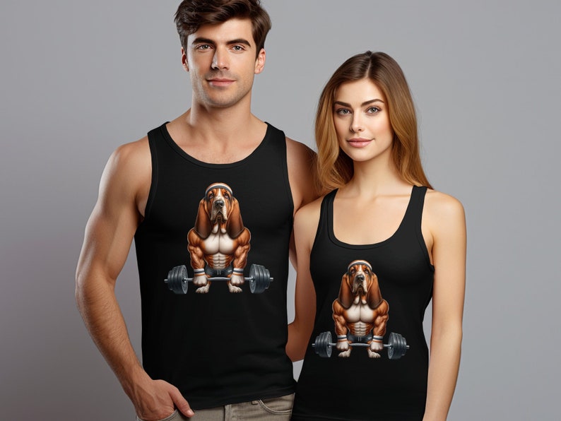 Funny Basset Hound Gym Tank Top, Gym Lover Workout Tee, Cute Pet Lifting Weights Design, Fitness ...