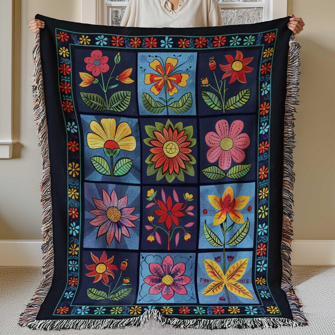 Ojibwe Native American Style Woven Blanket With Fringes, Colorful ...