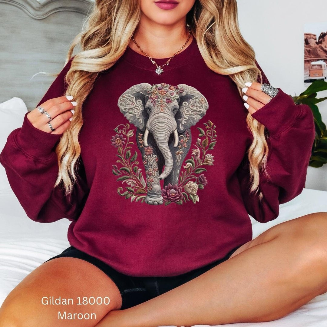Embroidery Style Elephant T-shirt, Elephant Sweatshirt, Floral Elephant ...