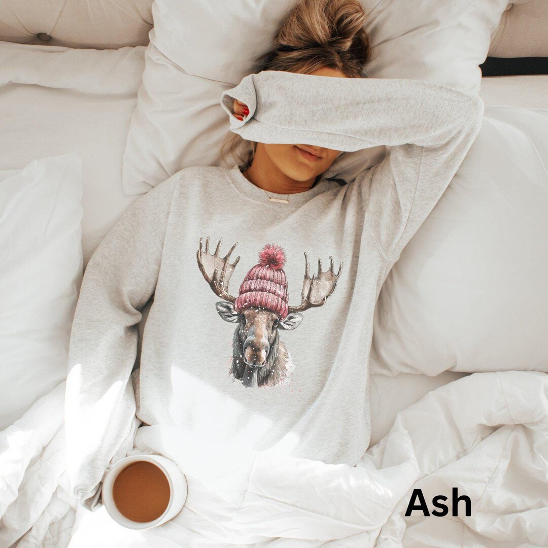 Cozy Moose Sweatshirt for Women, Cute Moose Print Long Sleeve Top ...