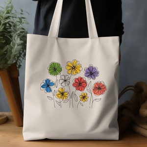 Colorful Floral Line Art Tote Bag, Artistic Flower Design Shopping Bag ...
