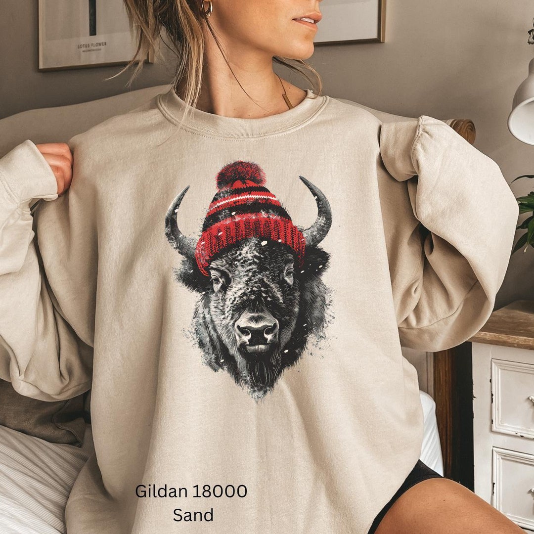 Buffalo Sweatshirt, Funny Bison With Wool Cap, Cute Animal Design ...