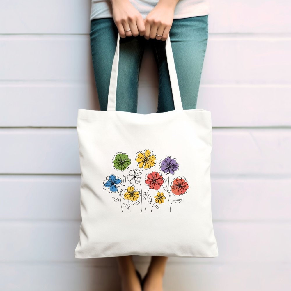 Colorful Floral Line Art Tote Bag, Artistic Flower Design Shopping Bag ...