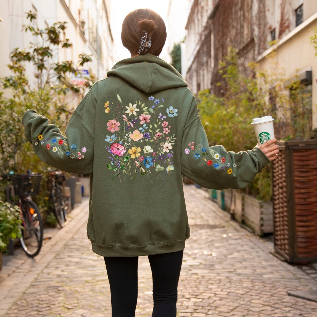 Sleeve Print Wildflowers Hoodie, Boho Cottagecore Floral Hoodie ...