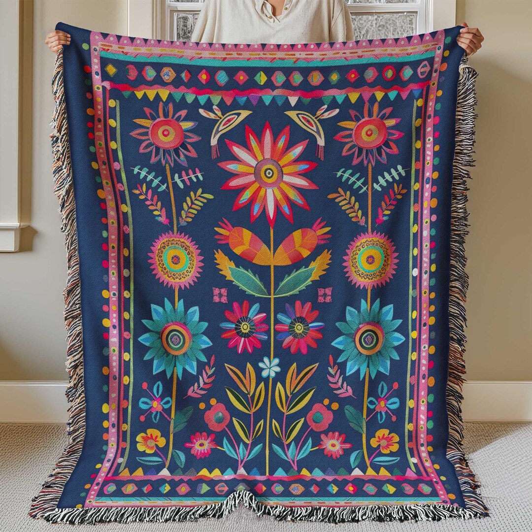 Colorful Ojibwe Native American Woven Blanket With Fringes, Vibrant ...