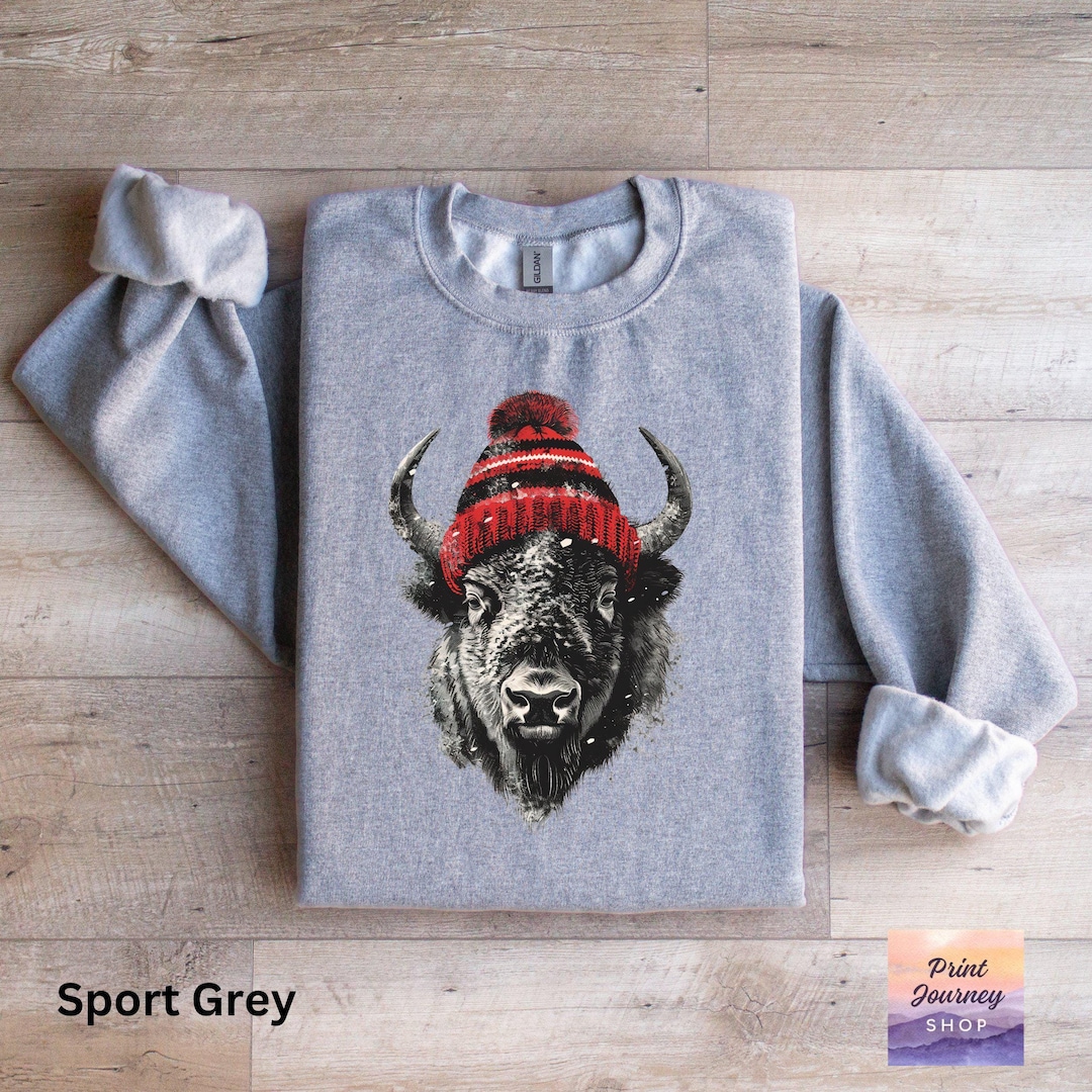 Buffalo Sweatshirt, Funny Bison With Wool Cap, Cute Animal Design ...