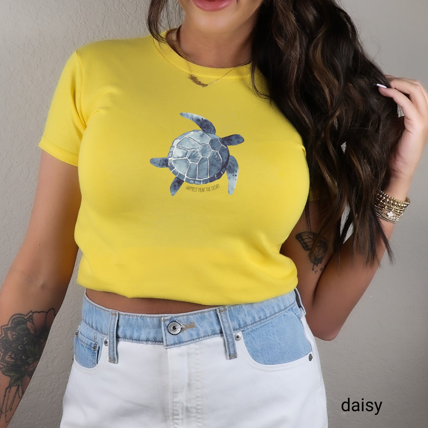 Women's Y2K Baby Tee, Coquette Aesthetic Watercolor Turtle Graphic, Eco ...