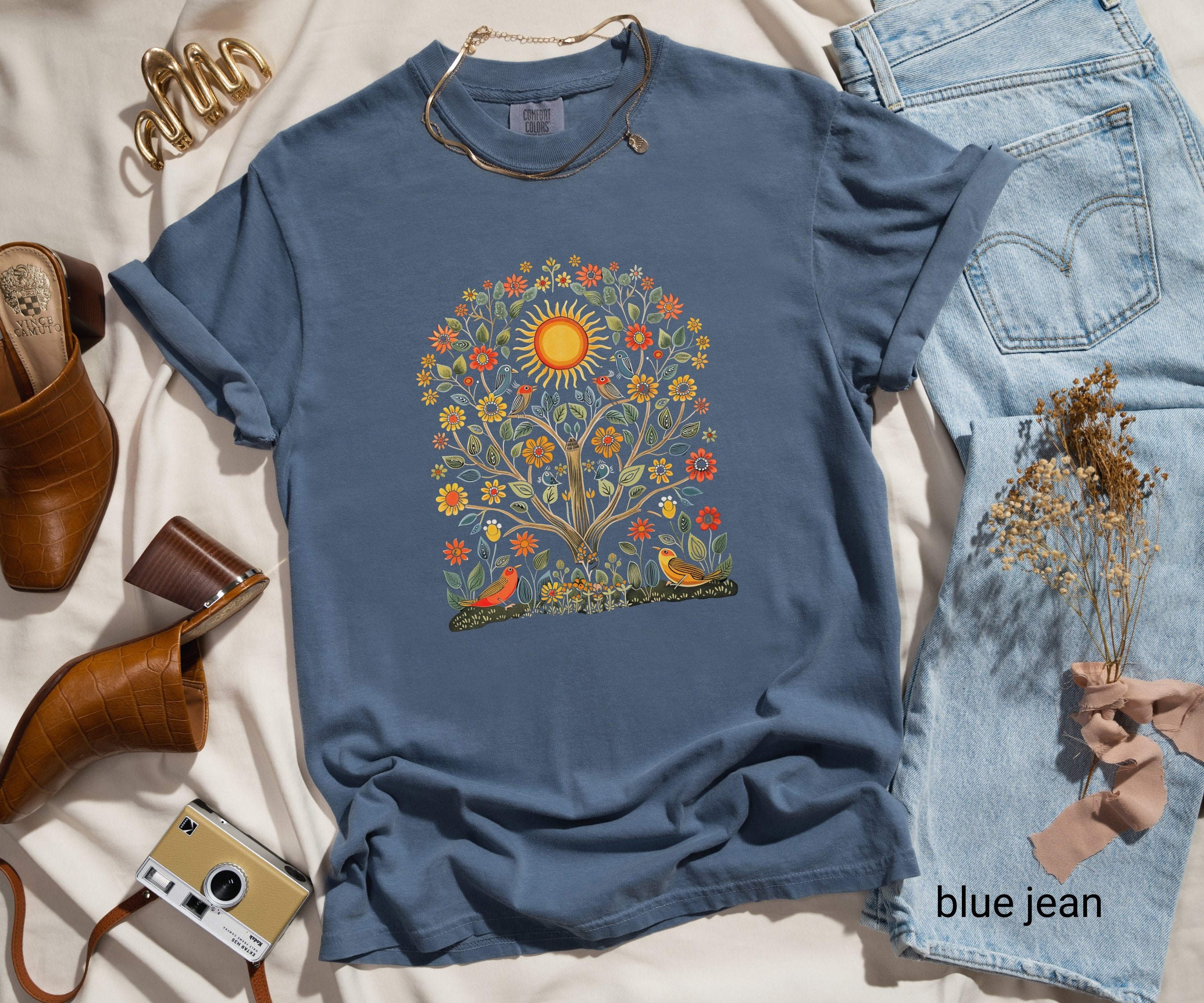 Cottagecore Birds and Flowers Shirt, Folk Art Scandi Art T Shirt, Plus ...