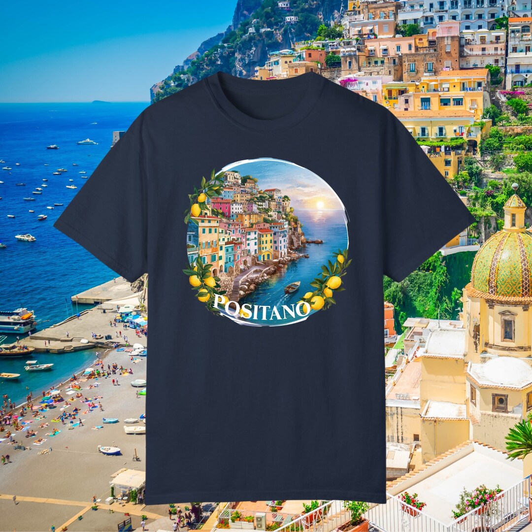 Positano Italy Coastline Sunset Lemon Graphic T-shirt, Scenic Amalfi ...
