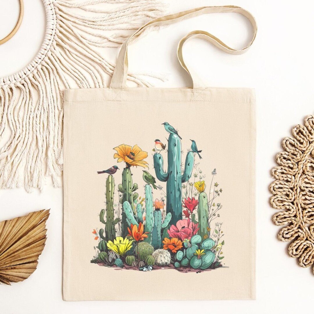 Desert Cactus Bloom Tote Bag, Colorful Cacti and Birds Grocery Bag, Eco ...