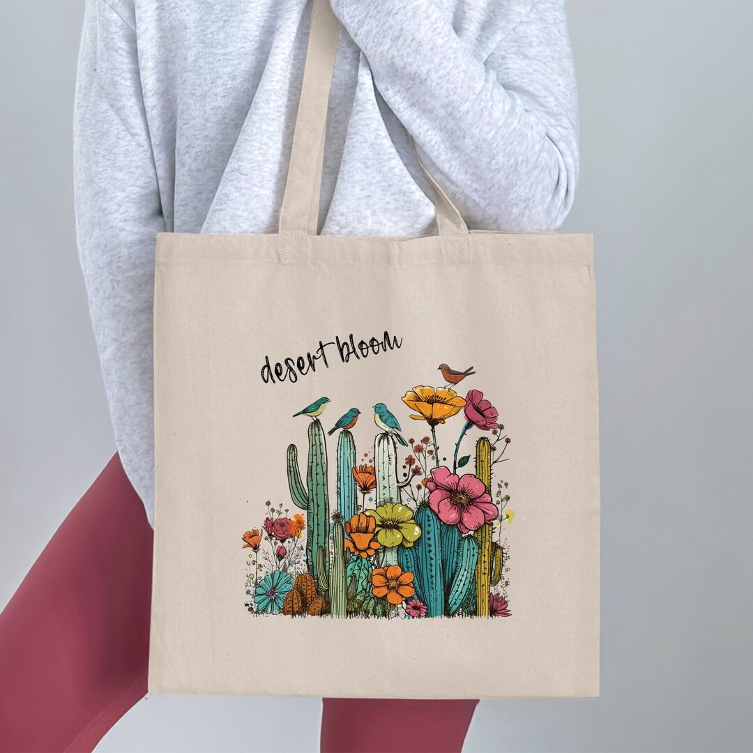 Colorful Birds and Cacti Floral Print Tote Bag, Eco-friendly Reusable ...