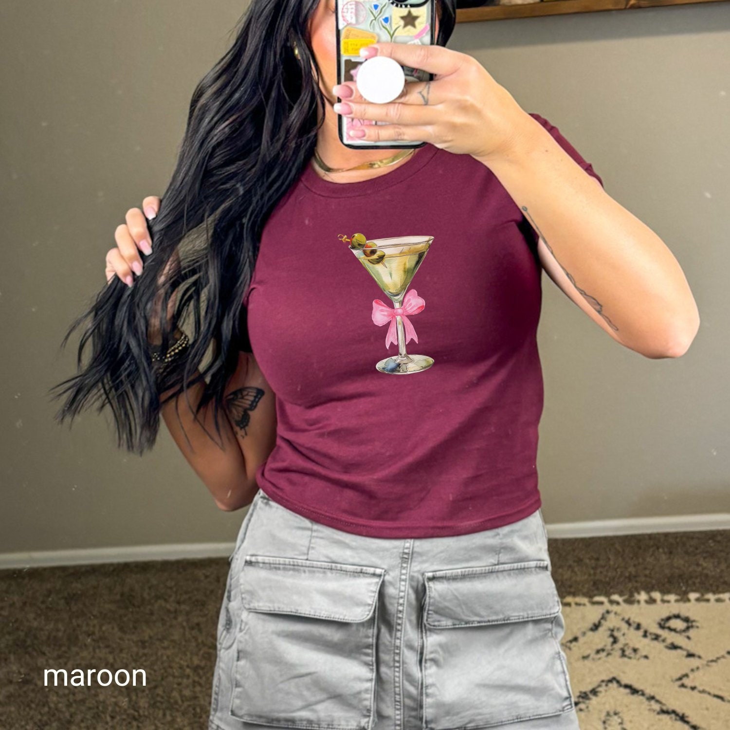 Coquette Martini Glass Tee, Y2K Aesthetic, Pink Bow, Cute Cocktail ...