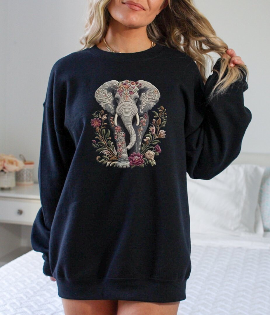 Embroidery Style Elephant T-shirt, Elephant Sweatshirt, Floral Elephant ...